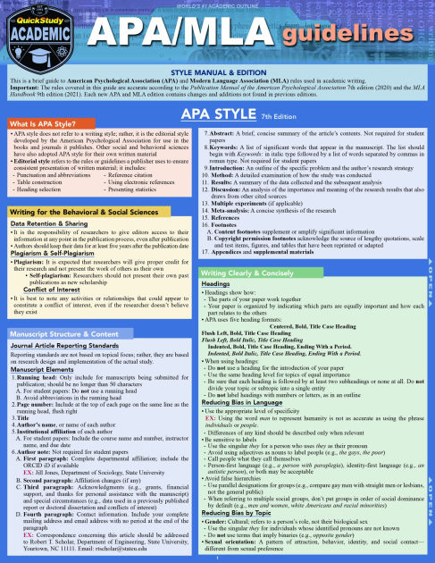 APA/MLA Guidelines - 7th/9th Editions Style Reference for Writing: a QuickStudy Laminated Guide ...