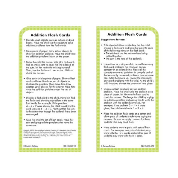 Addition All Facts through 12 Flash Cards by Carson-Dellosa Publishing ...