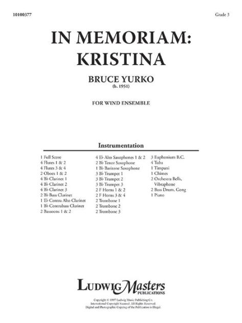In Memoriam Kristina: Conductor Score by Bruce Yurko, Paperback ...