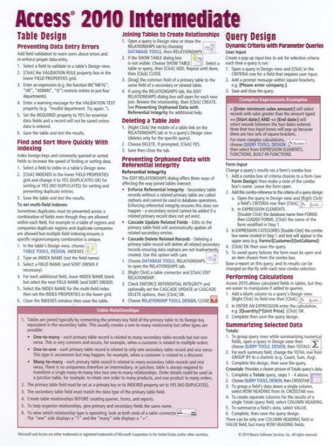 Microsoft Access 2010 Intermediate Quick Reference Guide (Cheat Sheet ...